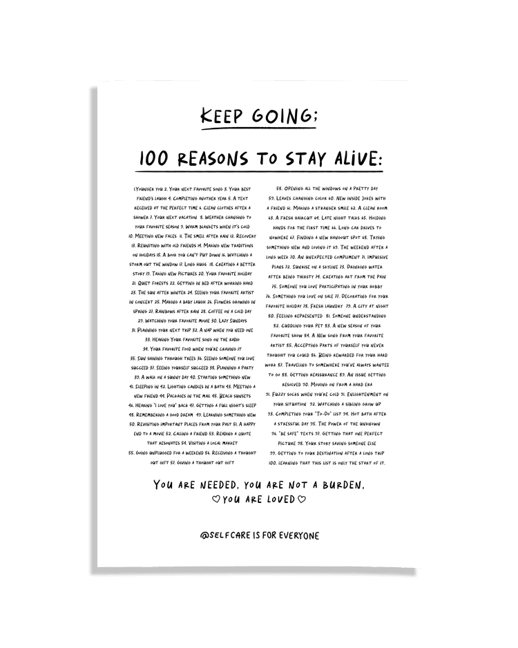 Keep Going 100 Reasons To Stay Alive Poster 12x18 – Self-Care Is For ...